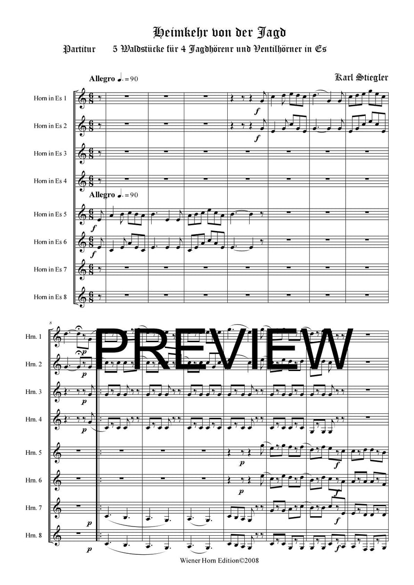 Heimkehr von der Jagd - Karl Stiegler - für Horn Oktett in Es - 4 JH + – Wiener Horn Edition